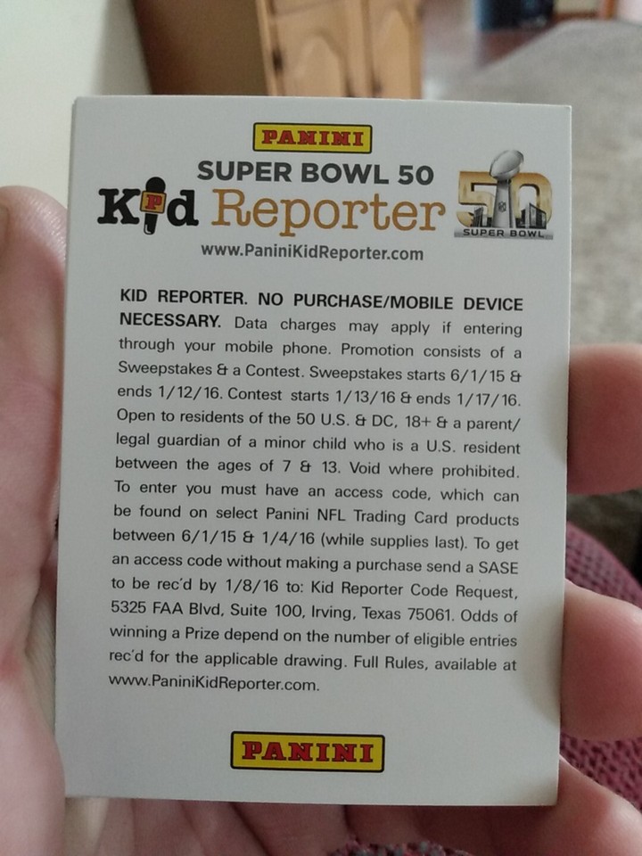 Panini Super Bowl 50 Kid Reporter Card Promo Insert Card | eBay
