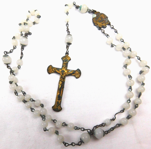 Very Early Brass & White Glass Cross Crucifix Rosary Beads Set Catholic ...