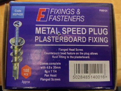 500 No, Metal Speed Plugs, Plasterboard Fixing, c/w 8g x 1 1/4, Pan Hd ...