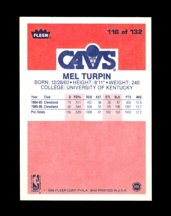 1986-87 Fleer Set-Break #116 Melvin Turpin NM-MT OR BETTER *GMCARDS* | eBay