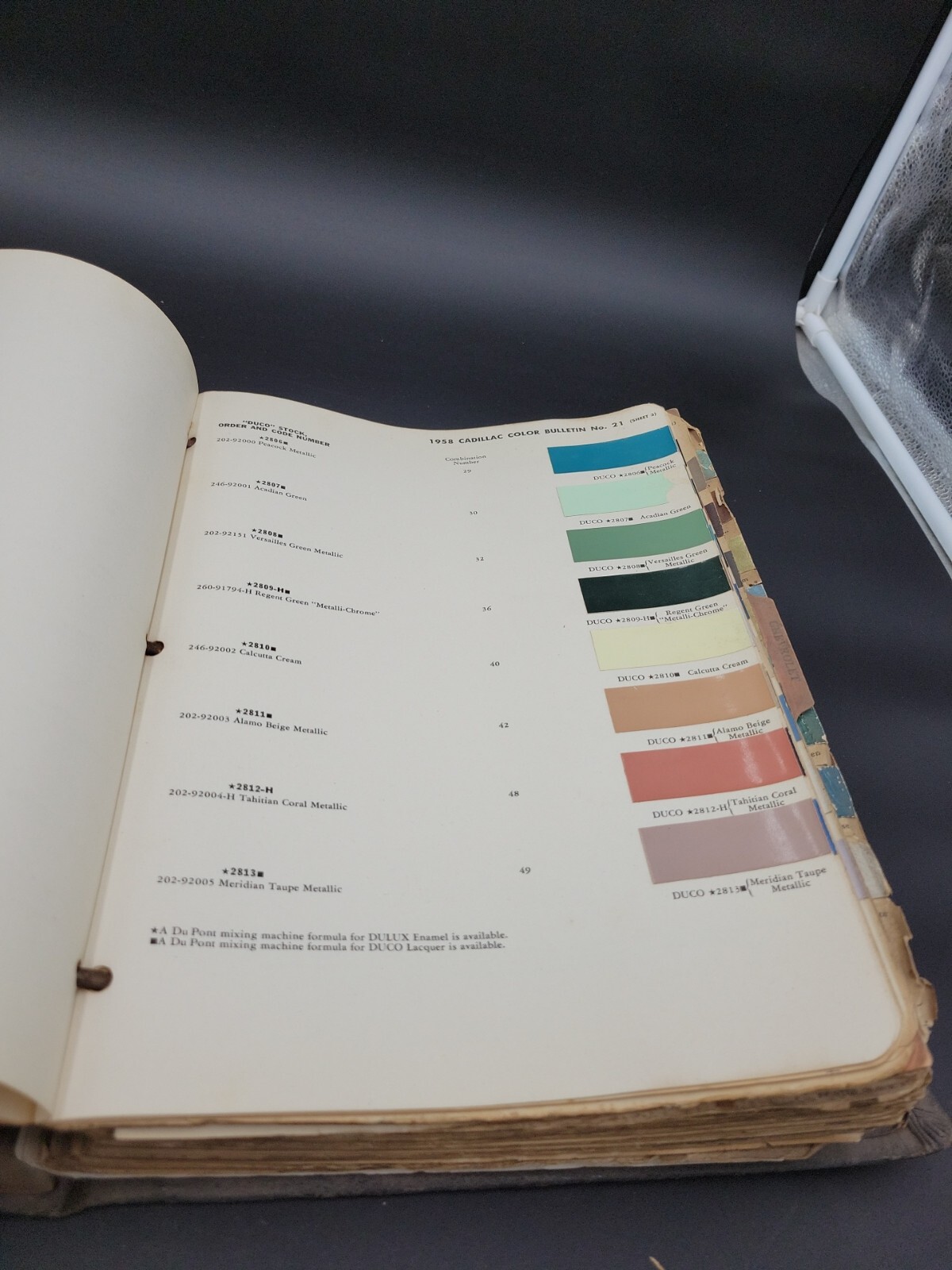 1958 DUPONT DUCO CADILLAC COLORS PAINT CHIP SWATCH SHEET BULLETIN NO 21 ...