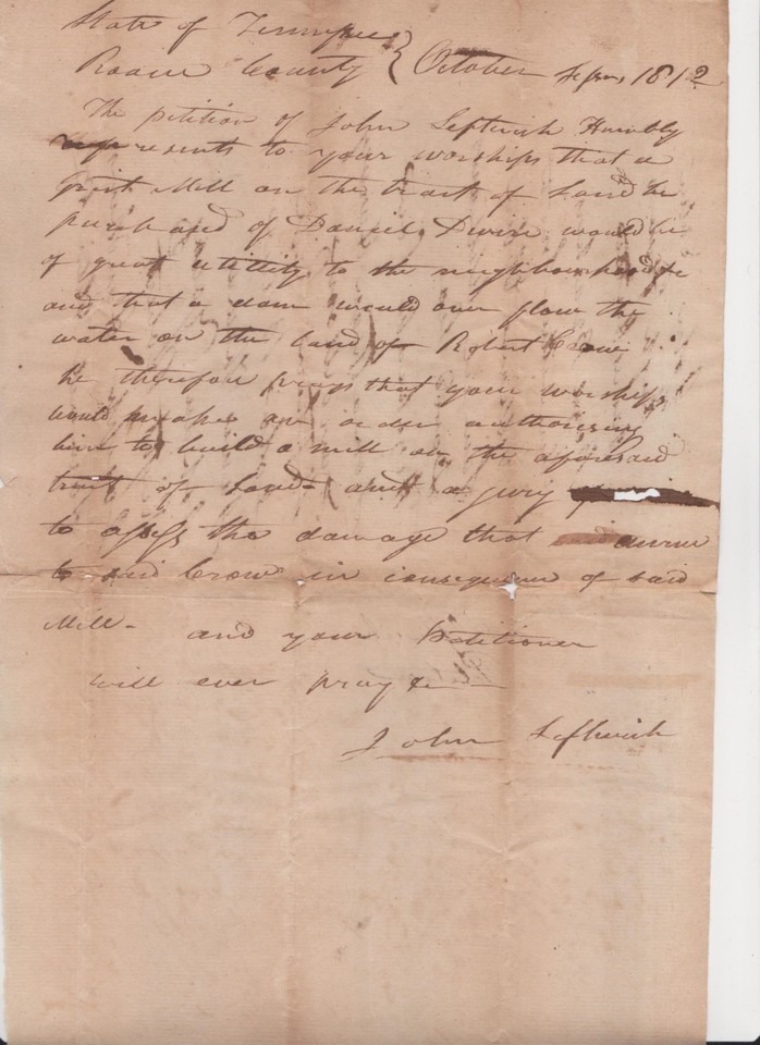 1812 ROANE CO. TENN.-PETITION GRIST MILL-WATER THROUGH ROBERT CROW LAND | eBay