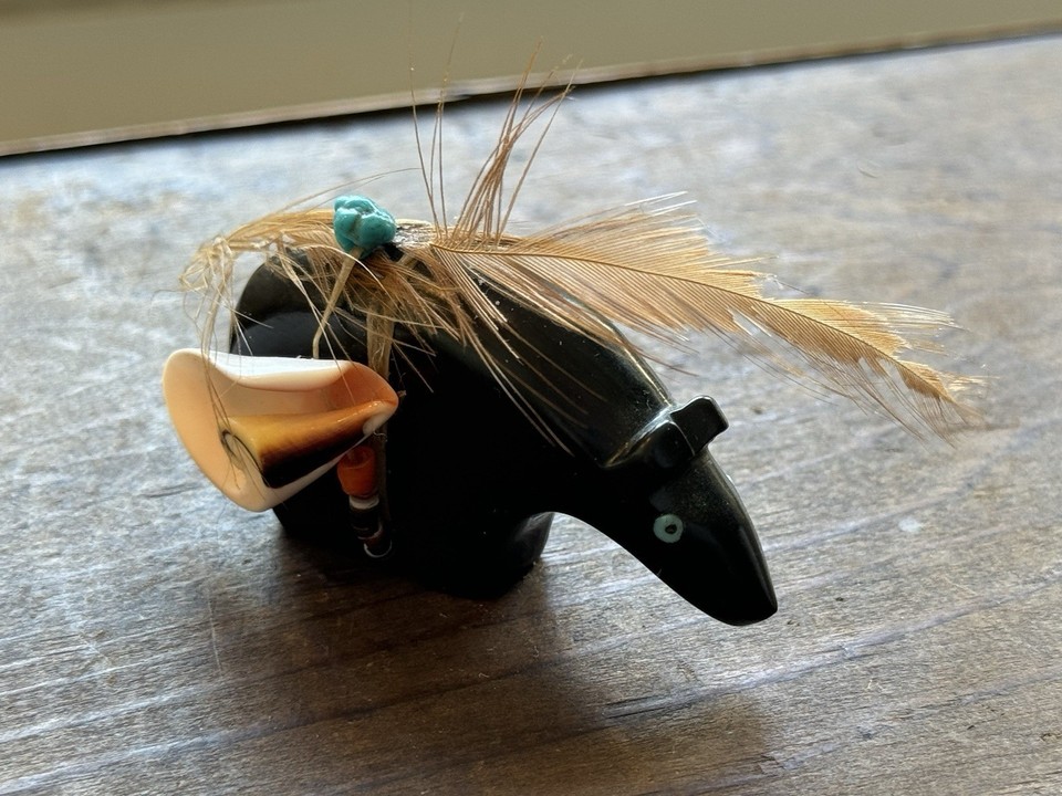 Native American Bear Fetish Hand-carved Black Bear Shell Feather Stone ...