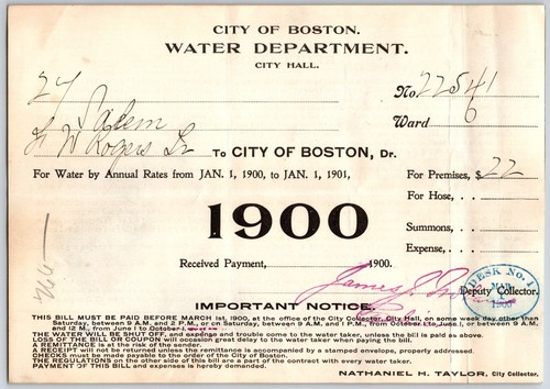 City of Boston Water Department City Hall Billhead 1900 Geo. M. Rogers ...