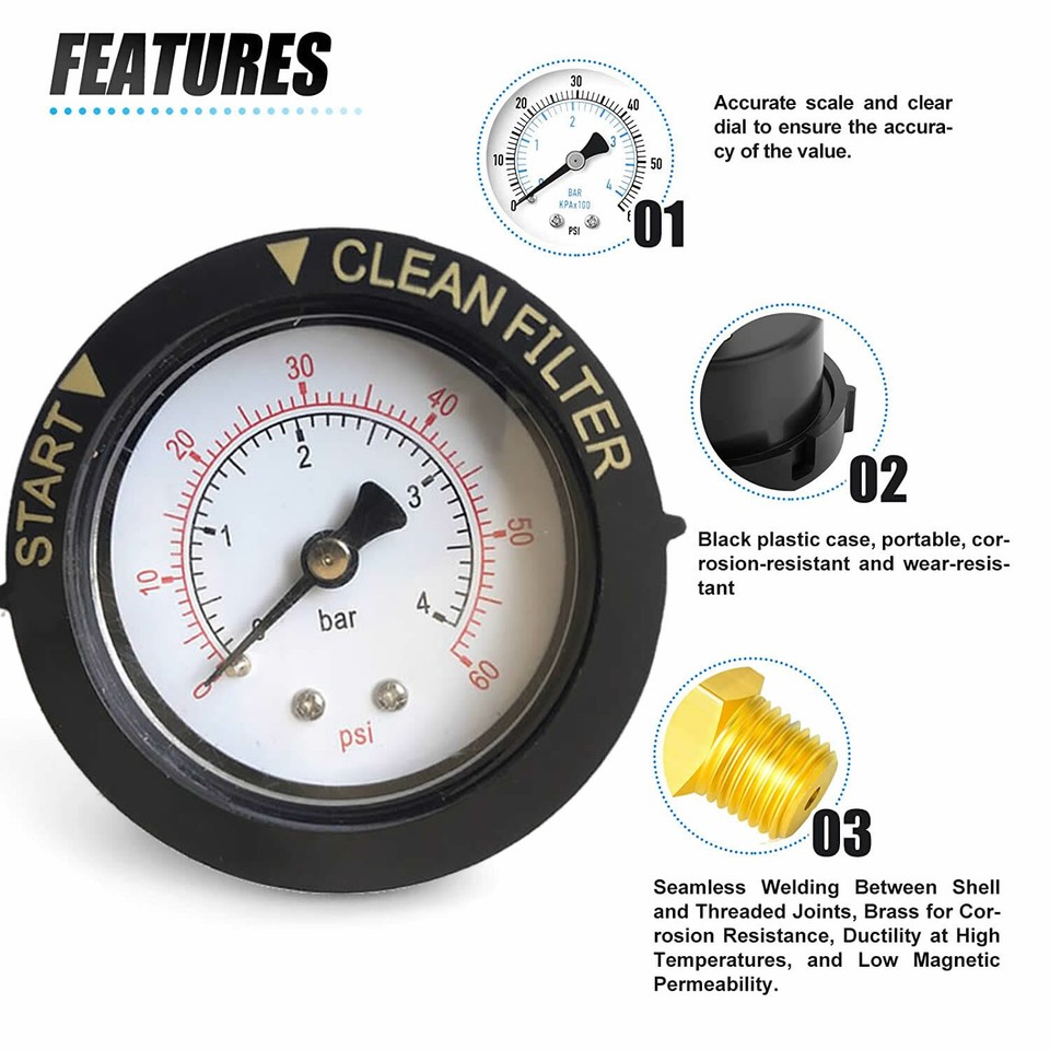 Pool Filter Pressure Gauge - Adjustable Twist Bezel, 1/4" NPT, Back Mnt ...