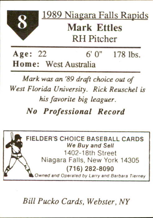 1989 Niagara Falls Rapids Pucko #8 Mark Ettles West Australia Baseball ...