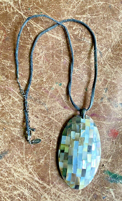 Vintage M&S Necklace Oval Inlay Abalone Disc Pendant Suede Strap Marks ...