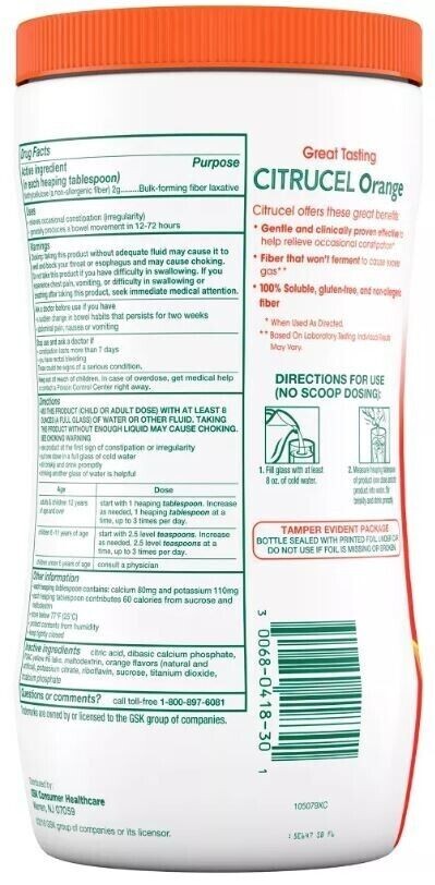 Citrucel Fiber Therapy Powder for Occasional Constipation Relief Orange ...