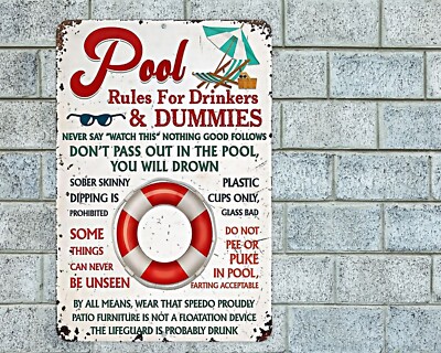 Pool Rules For Drinkers & Dummies Sign Aluminum Metal 8"x12" Funny Deck ...