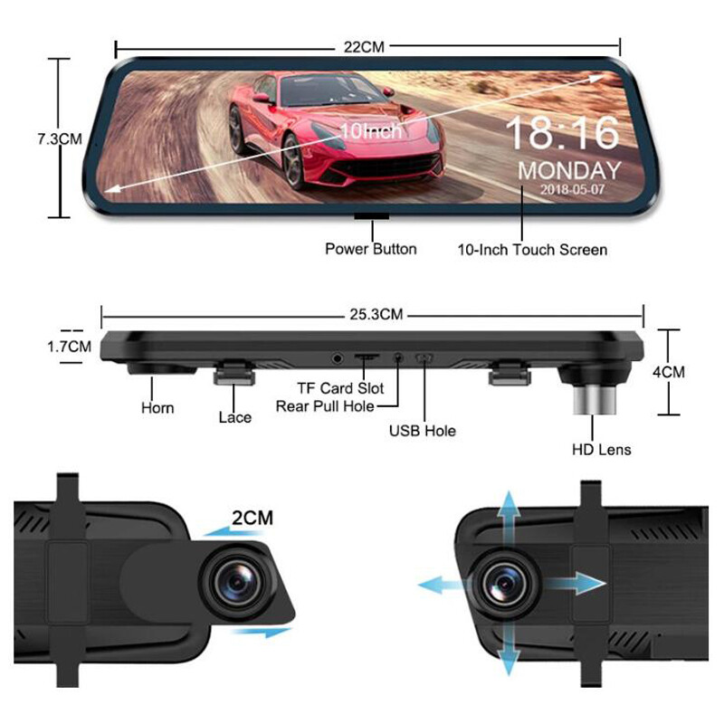 10 inch GPS Dual Lens Auto Dash Cam Rear View Mirror Backup Camera DVR ...