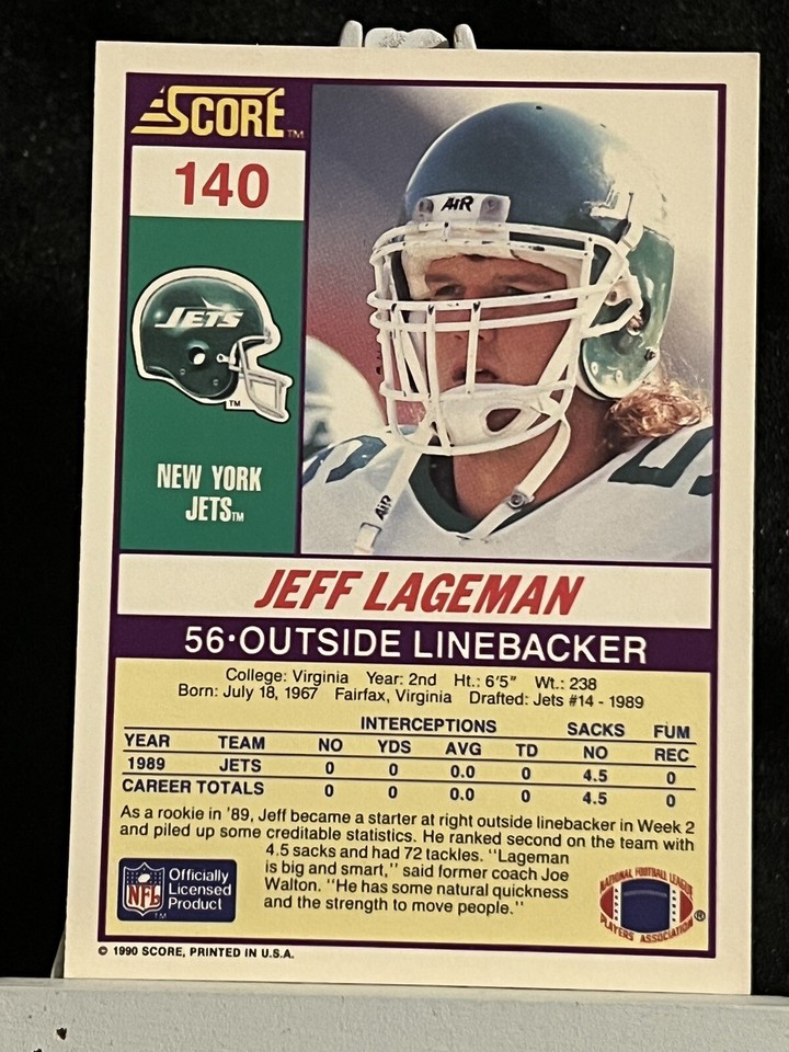 1990 Score #140 Jeff Lageman New York Jets Football NFL Card | eBay