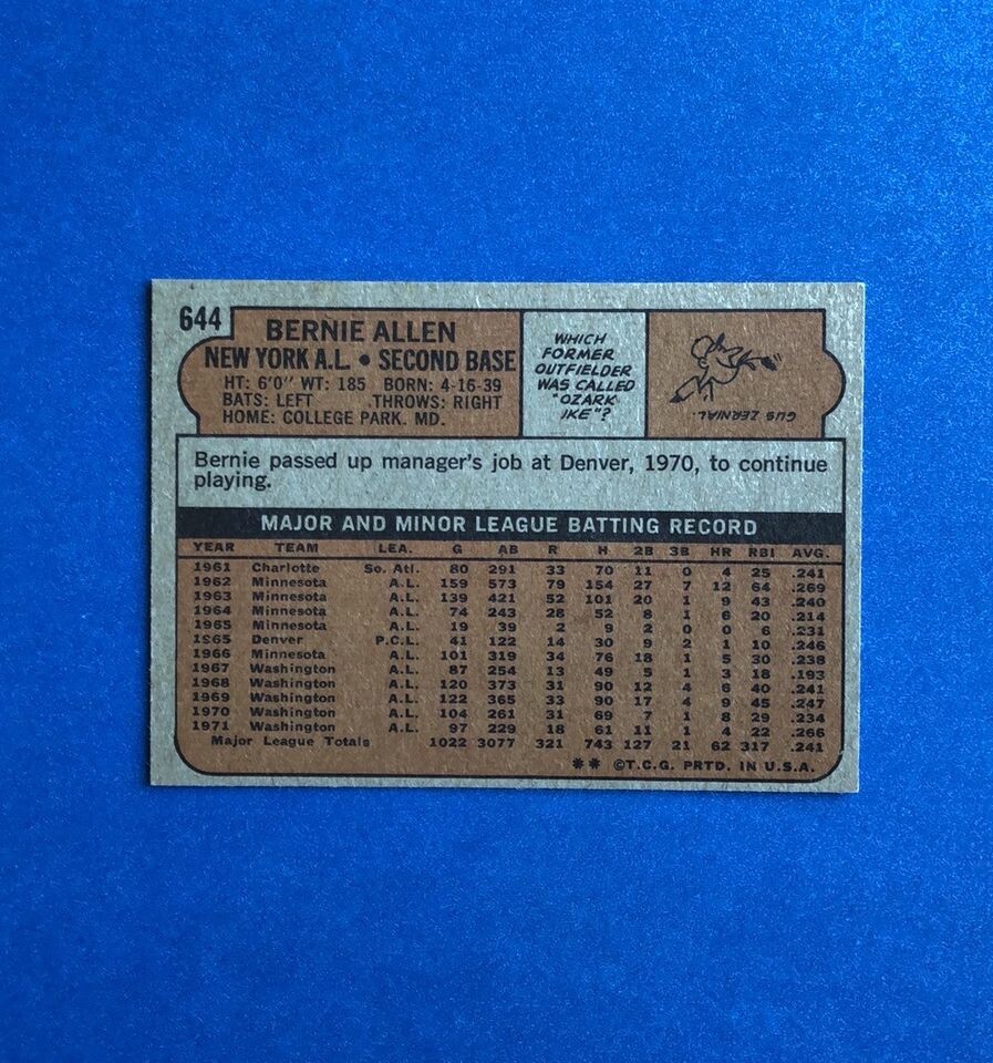 BERNIE ALLEN - 1972 Topps - High # - #644 - YANKEES FANS! | eBay