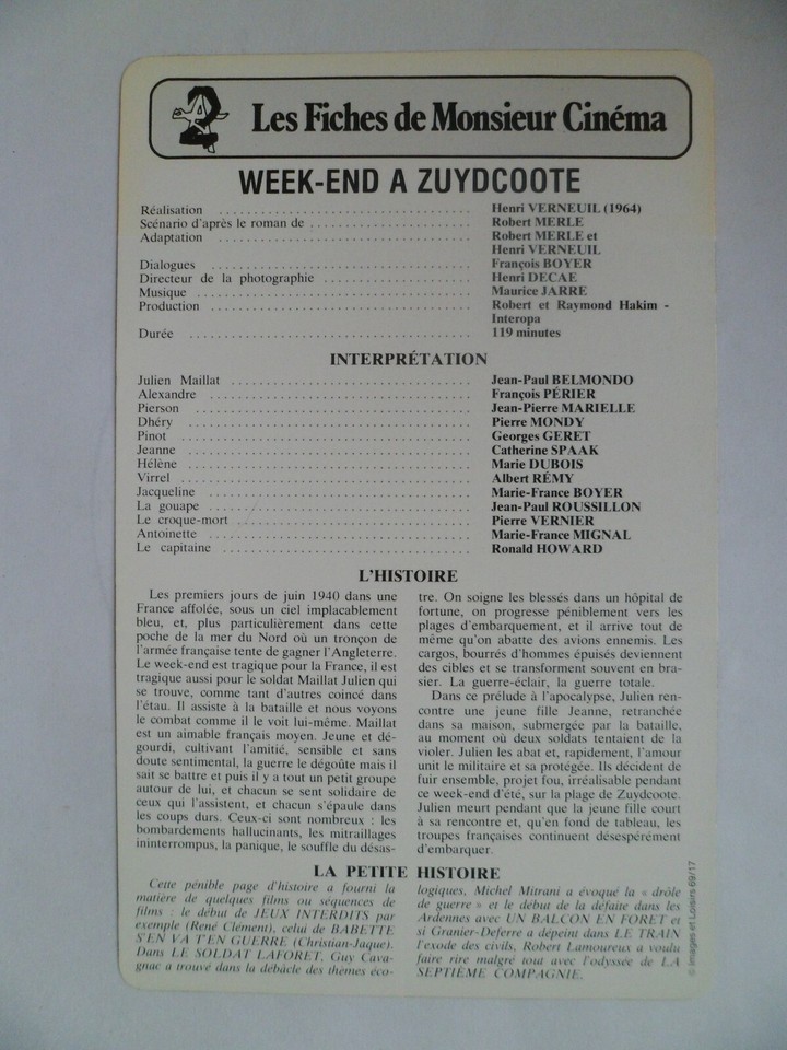 CARTE FICHE CINEMA 1964 WEEK END A ZUYDCOOTE Jean Paul Belmondo ...