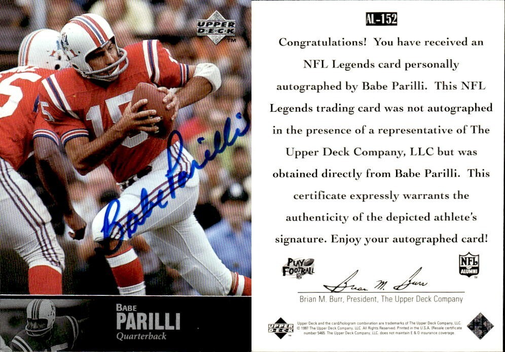 BABE PARILLI 997 UPPER DECK NFL LEGENDS AUTOGRAPH NEW ENGLAND PATRIOTS ...