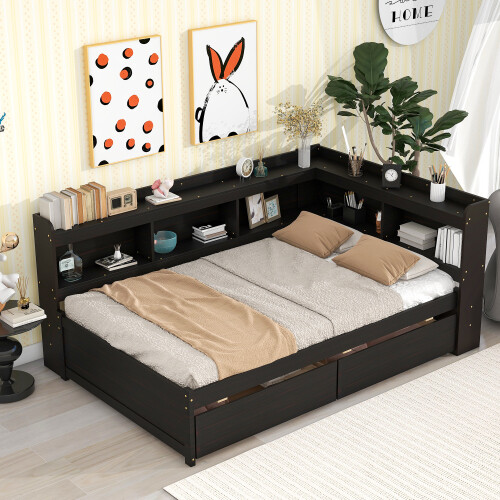 Twin Full Daybed with Storage Drawers & Bookcases Solid Wood Platform Bed Frames | eBay