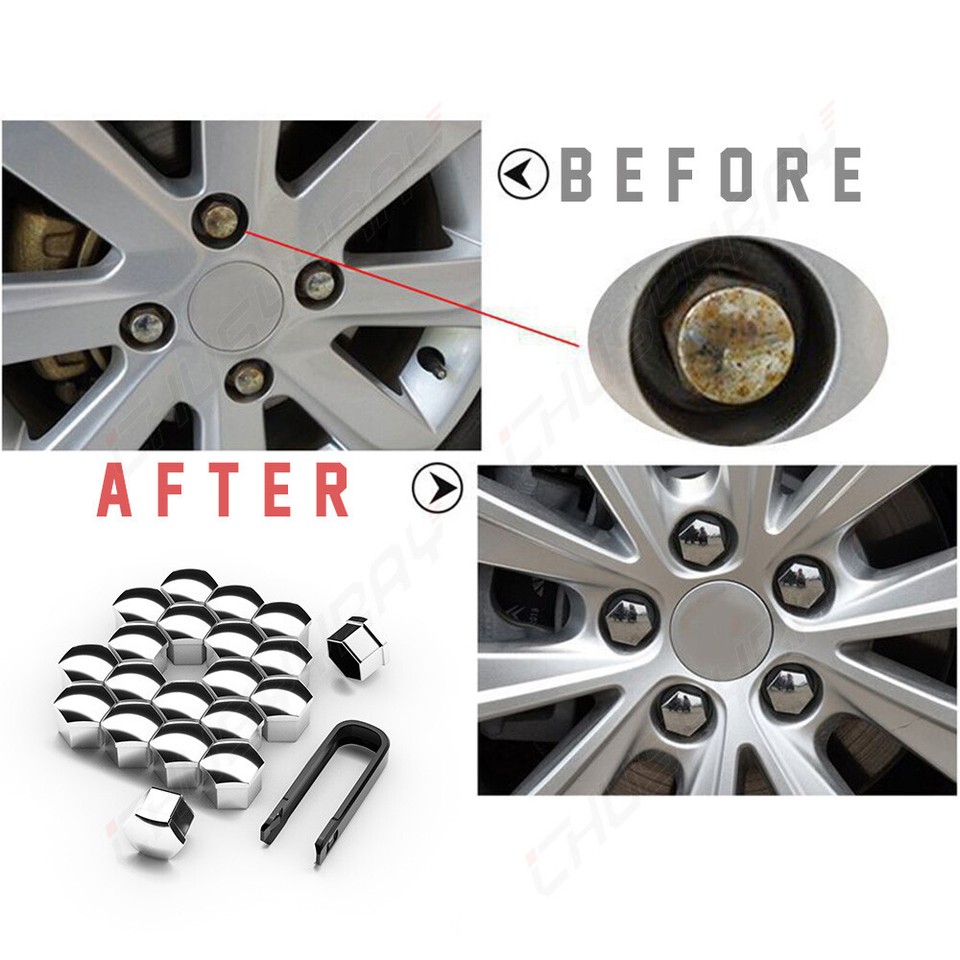 20x Shiny Chrome 17mm Lug Nut Wheel Bolt Covers Caps Hub Plastic Tire ...
