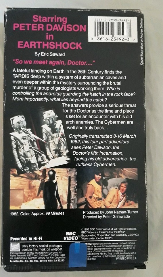 Doctor Who VHS 1982/1993 Peter Davidson "Earthshock" BBC/CBS Fox ...