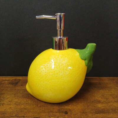 LEMON SHAPED CERAMIC SOAP, LOTION DISPENSER, CHROME SILVER COLORED PUMP ...
