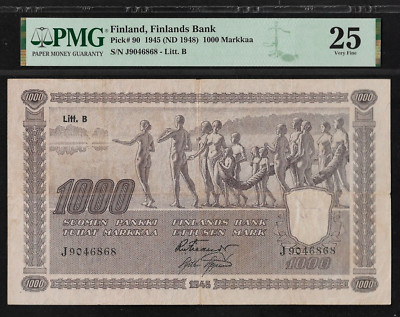 Finland 1000 Markkaa 1945 PMG 25 P#90 Finlands Bank Litt.B Series J | eBay
