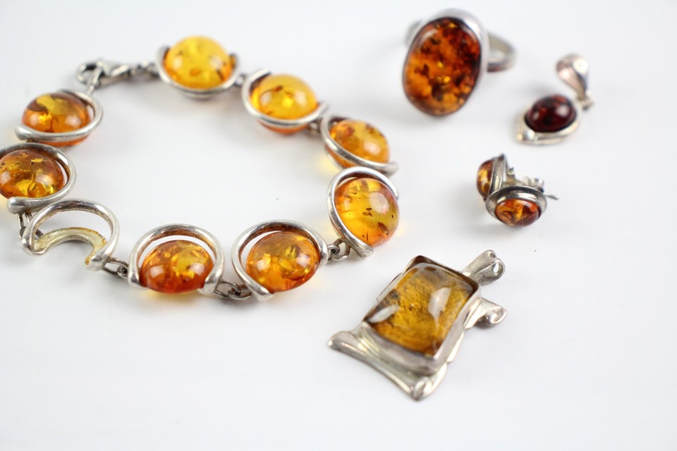 Sterling Silver Amber Jewellery Baltic Copal Ring Panel Bracelet ...