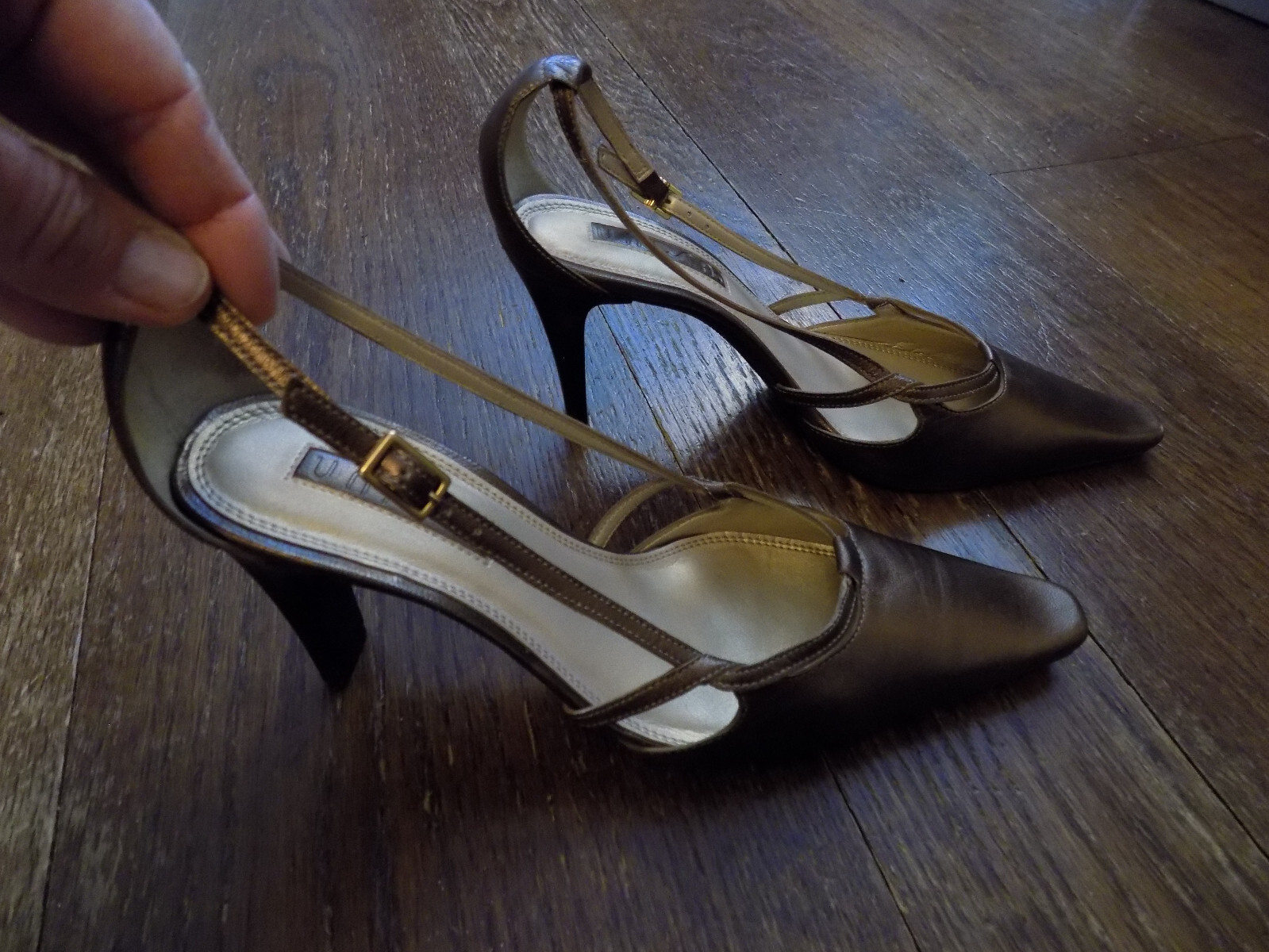 UNISA Bronze Buckles Strappy Metallic open side pumps Classy 3" heels ...