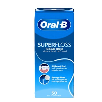 Oral B Super Floss Dental Floss Braces Bridges Wide Spaces 50 Pre-Cut ...