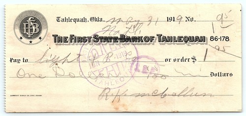 1919 Tahlequah, OK First State Bank $1.00 Vintage Check | eBay