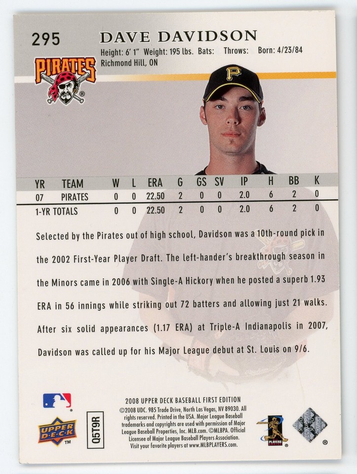2008 Upper Deck First Edition Dave Davidson #295 Rookie RC | eBay