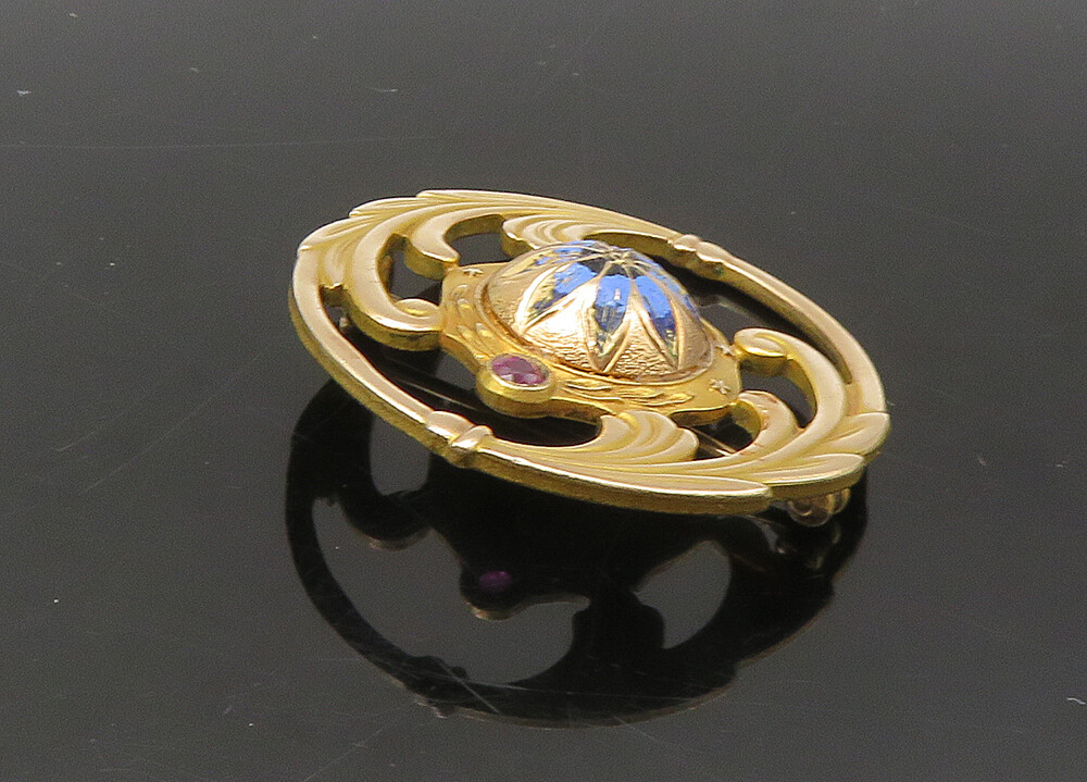 14K GOLD - Vintage Antique Ruby Enamel Flower Dome Round Brooch Pin ...
