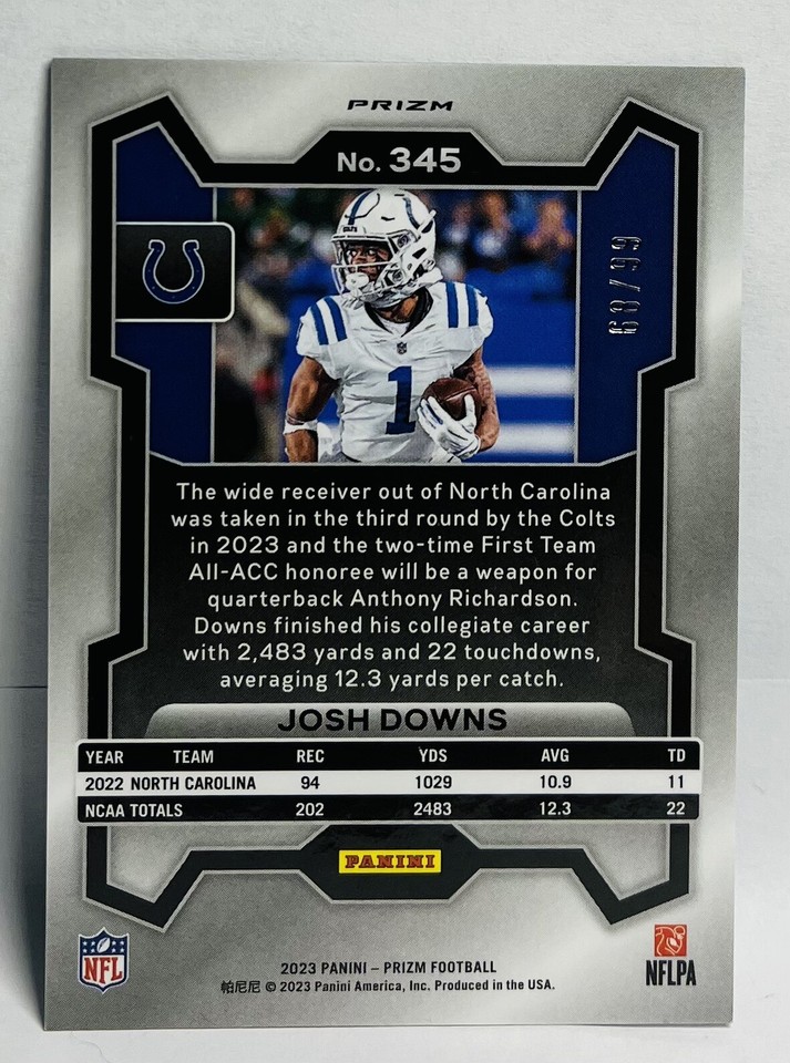 2023 Panini Prizm JOSH DOWNS Blue Cracked Ice PRIM #68/99 Rookie RC ...