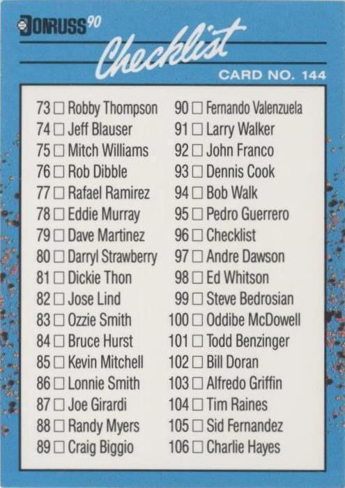 1990 Donruss Best of the National League - Checklist #144 for sale ...