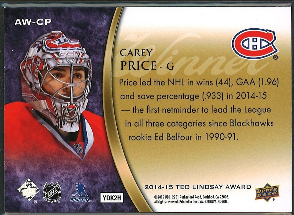CAREY PRICE 14-15 TED LINDSAY AWARD AW-CP MONTREAL CANADIENS | eBay