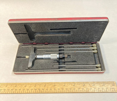 Starrett Depth Micrometer Gage Gauge Set 3" Base 6 Rods #445 w/Case ...