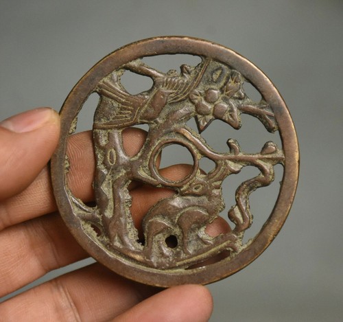 7CM Ancient Chinese Bronze Dynasty Deer Bird Tree Hollow Out Money Hole ...