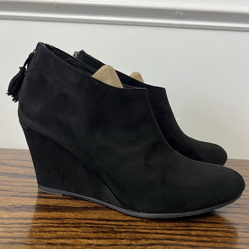 CL By Laundry Black Wedge Heel Bootie Women’s Size 7.5 Faux Suede | eBay