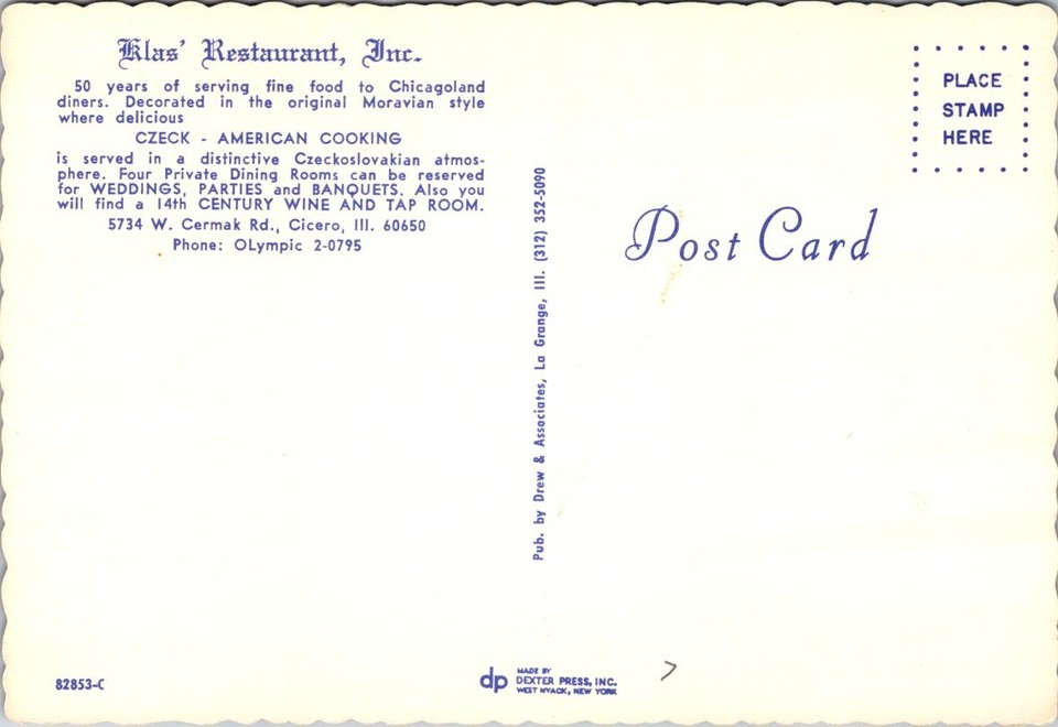 Cicero Illinois Klas Restaurant Moravian Style Continental Postcard ...