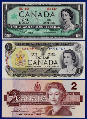 Canada 1967 + 1973 + 1986 set - $1 & $2 Queen Elizabeth II - aUNC/UNC ...
