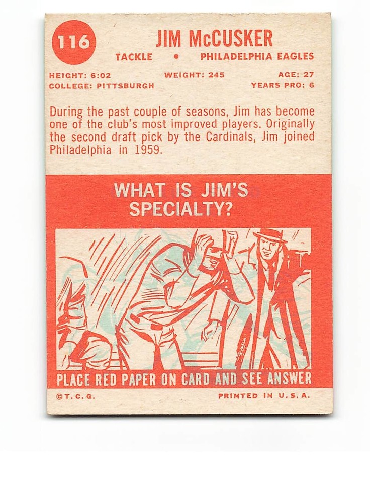 1963 TOPPS FOOTBALL JIM MCCUSKER #116 PHILADELPHIA EAGLES SP HIGHER ...