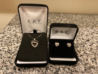Kay Jewelers Black and White Diamond Silver Heart Earrings and Necklace ...