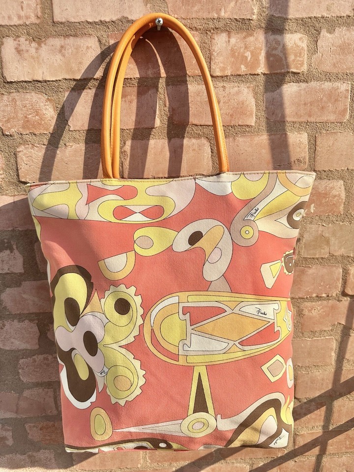 Emilio Pucci Tote Bag Pattern Canvas Geometric Print Orange Shapes ...