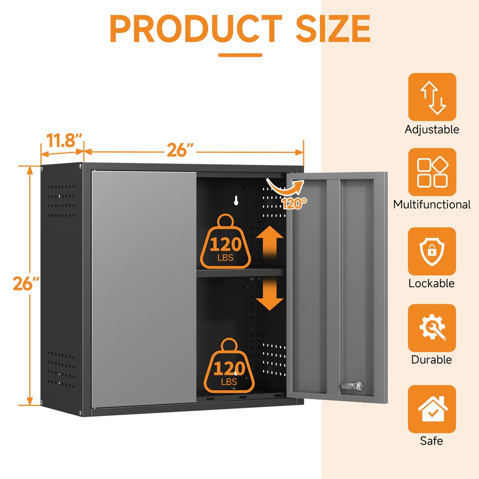 2-Doors Metal Storage Organizer w/ Adjustable Shelf Garage Wall Cabinet ...