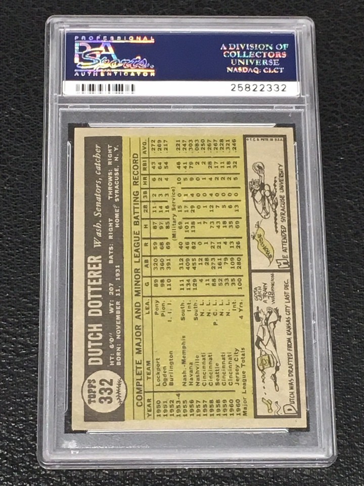 DUTCH DOTTERER 1961 TOPPS SIGNED AUTOGRAPHED CARD #332 SENATORS PSA/DNA ...