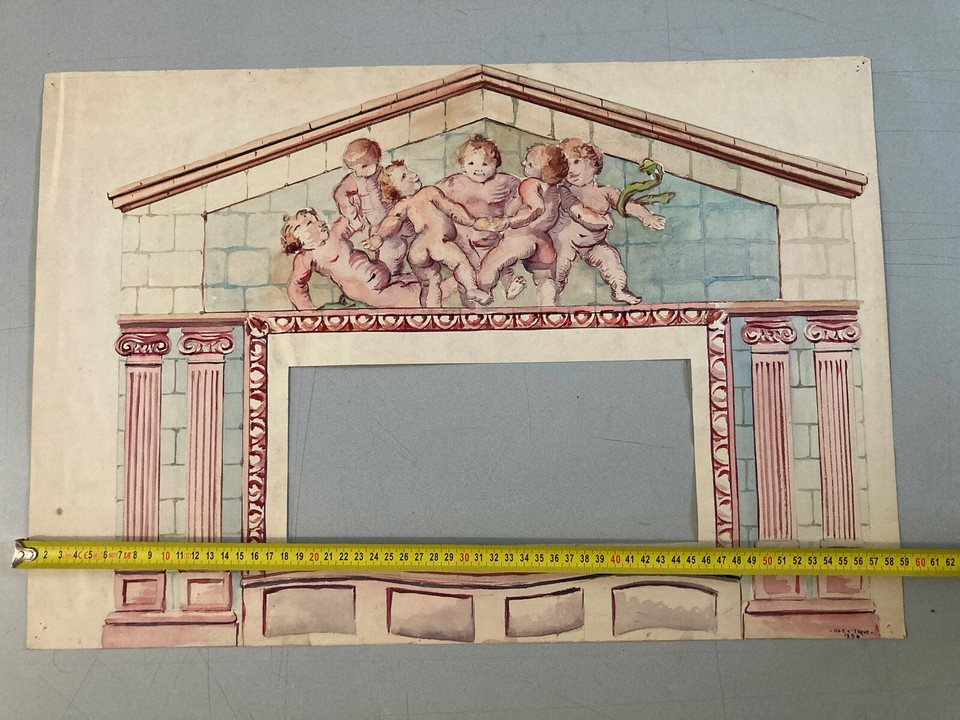 Very Pretty Painting Child Pediment Gouache Paper 1936 Putti Angel ...