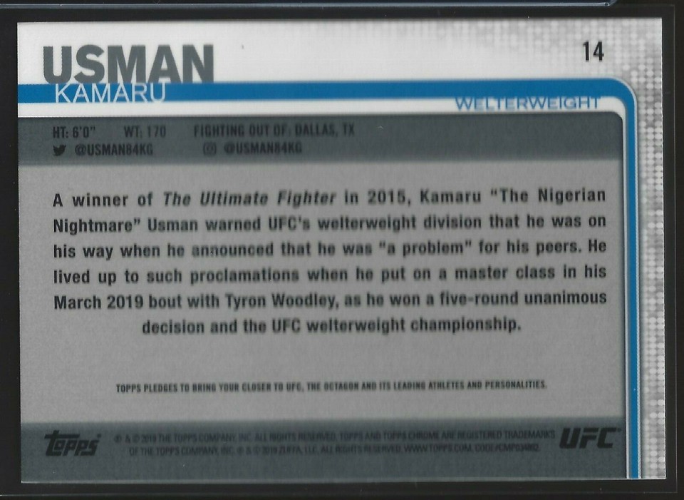 2019 TOPPS CHROME UFC REFRACTOR #14 KAMARU USMAN THE NIGERIAN NIGHTMARE ...
