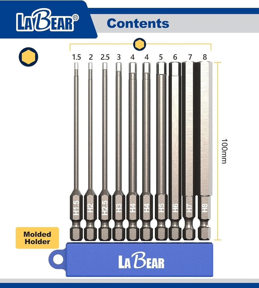 10-Piece 4" Metric Hex Head Allen Wrench Screwdriver Bit Set. S2 Steel ...