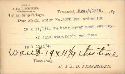 1898 Postal Card B&AD Fessenden Order Form Townsend Mass MA 1898 Cancel ...