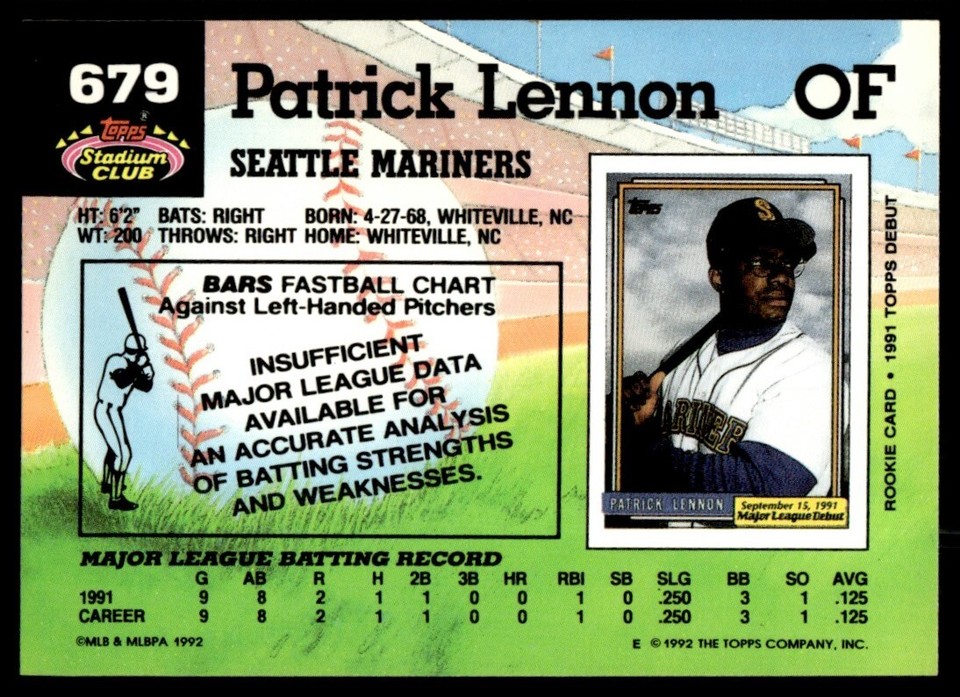 1992 Stadium Club #679 Patrick Lennon Seattle Mariners | eBay