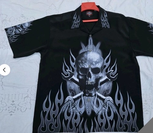 Vtg. Dragonfly Roadhouse Mens Button Up Shirt Skull Flames Sz 4XL Skull ...
