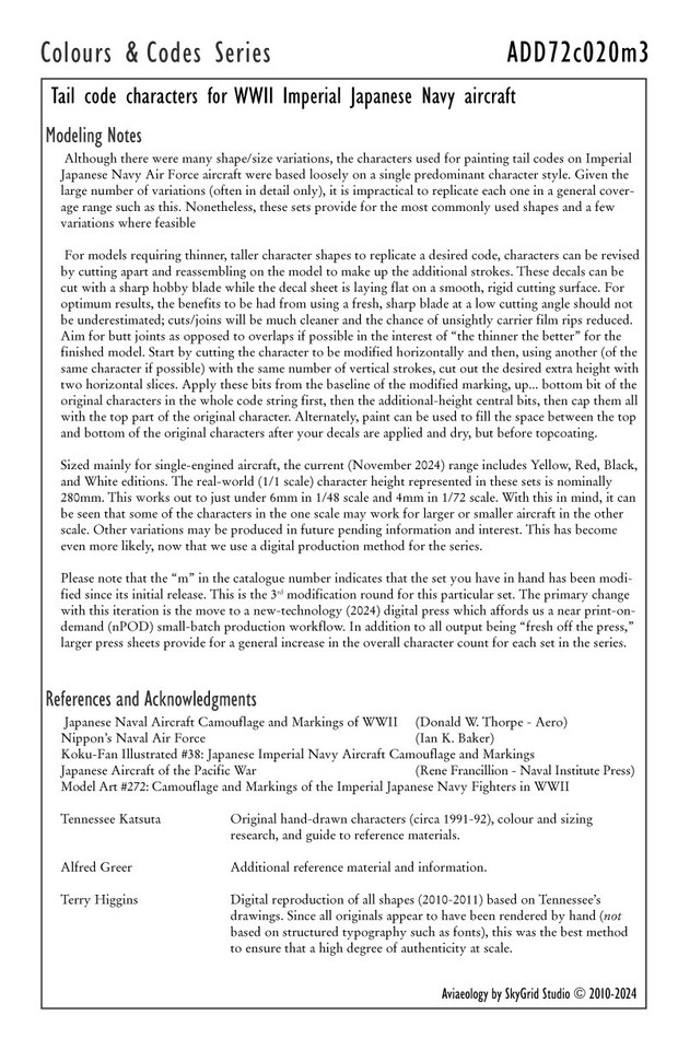 Aviaeology 1/72 IJN WWII Aircraft Tail Codes 280mm Yellow Symbols ...