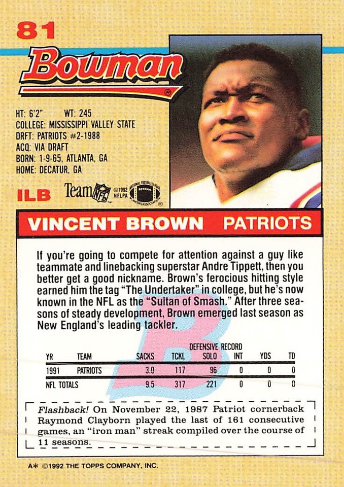 1992 Bowman #81 Vincent Brown New England Patriots | eBay
